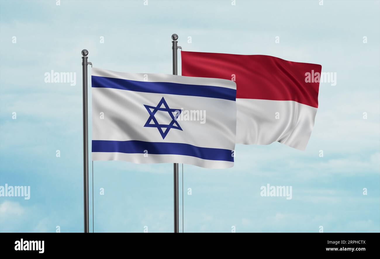 Indonesia flag and Israel flag waving together on blue sky, two country ...