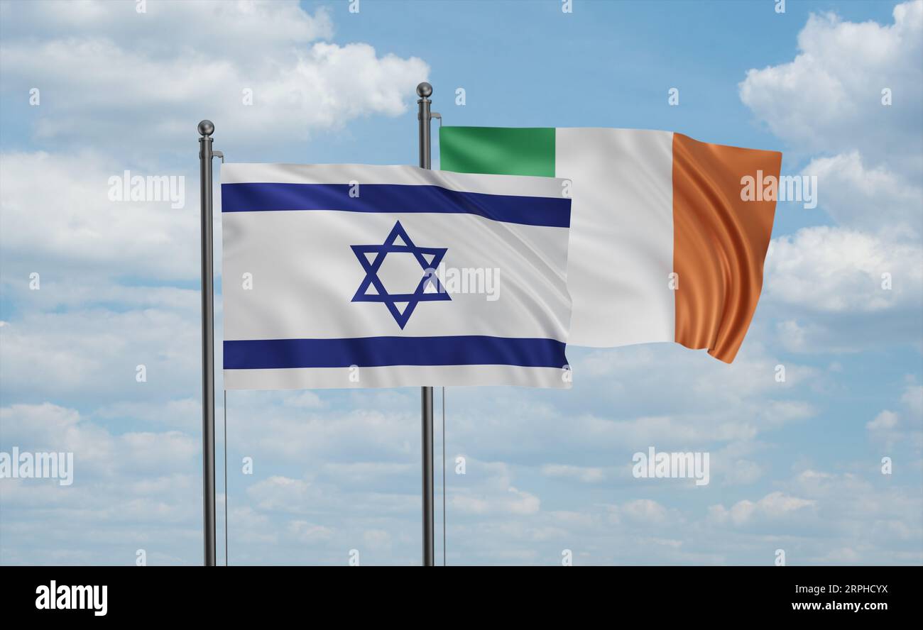 Ireland and Israel flag waving together in the wind on blue sky, two ...