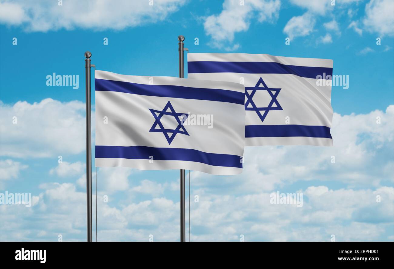 Two Israel flags waving together on blue sky, two country cooperation ...