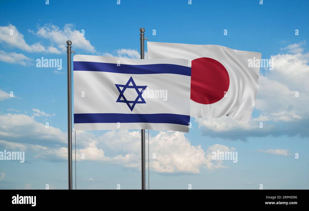 Japan flag and Israel flag waving together on blue sky, two country ...