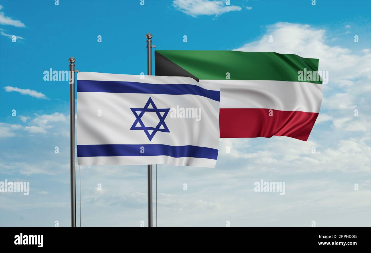 Kuwait and Israel flag waving together in the wind on blue sky, two ...