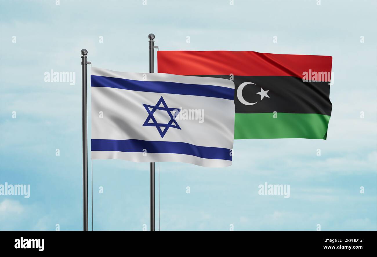 Libya and Israel flag waving together in the wind on blue sky, two ...