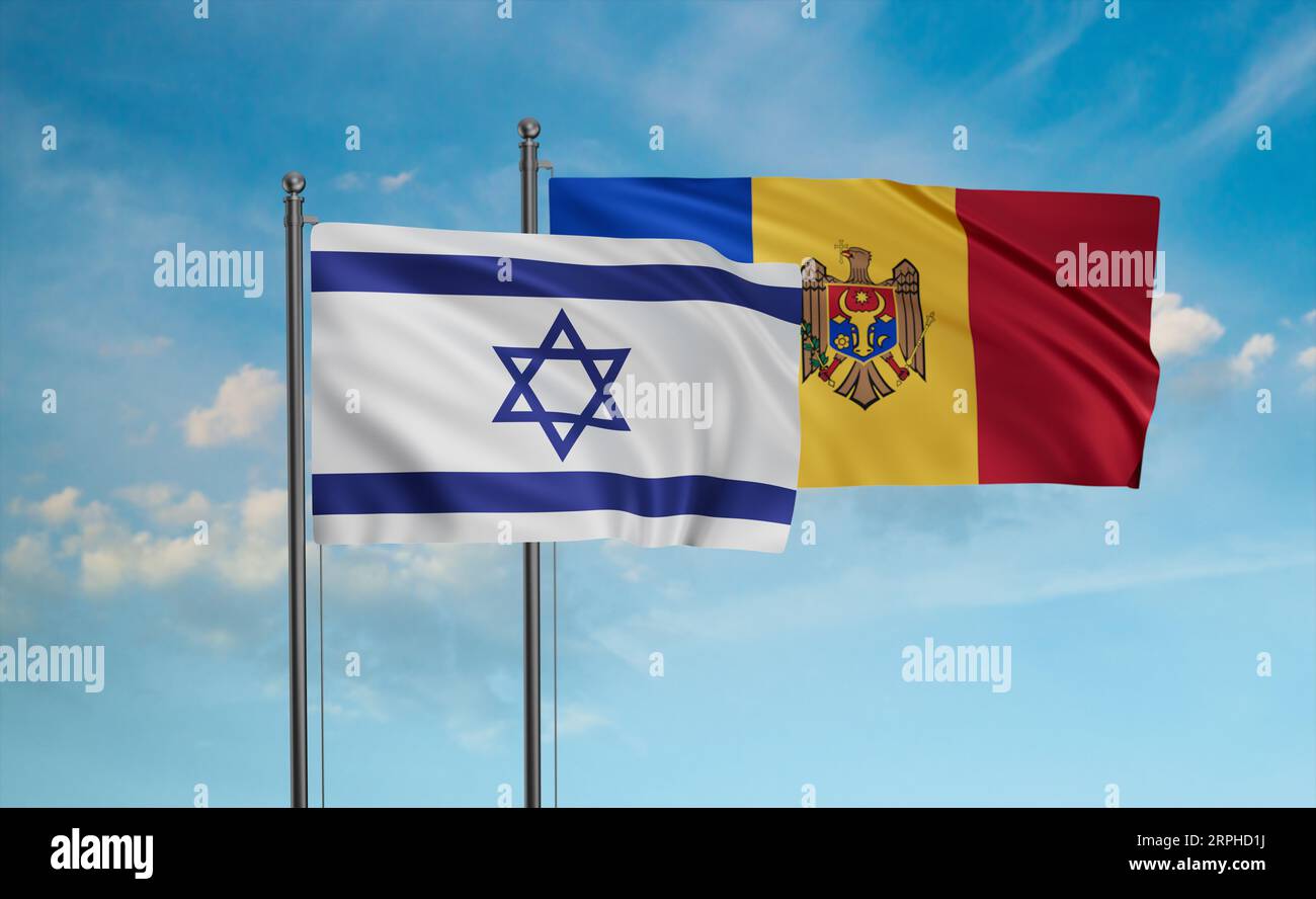 Moldova and Israel flag waving together in the wind on blue sky, two ...