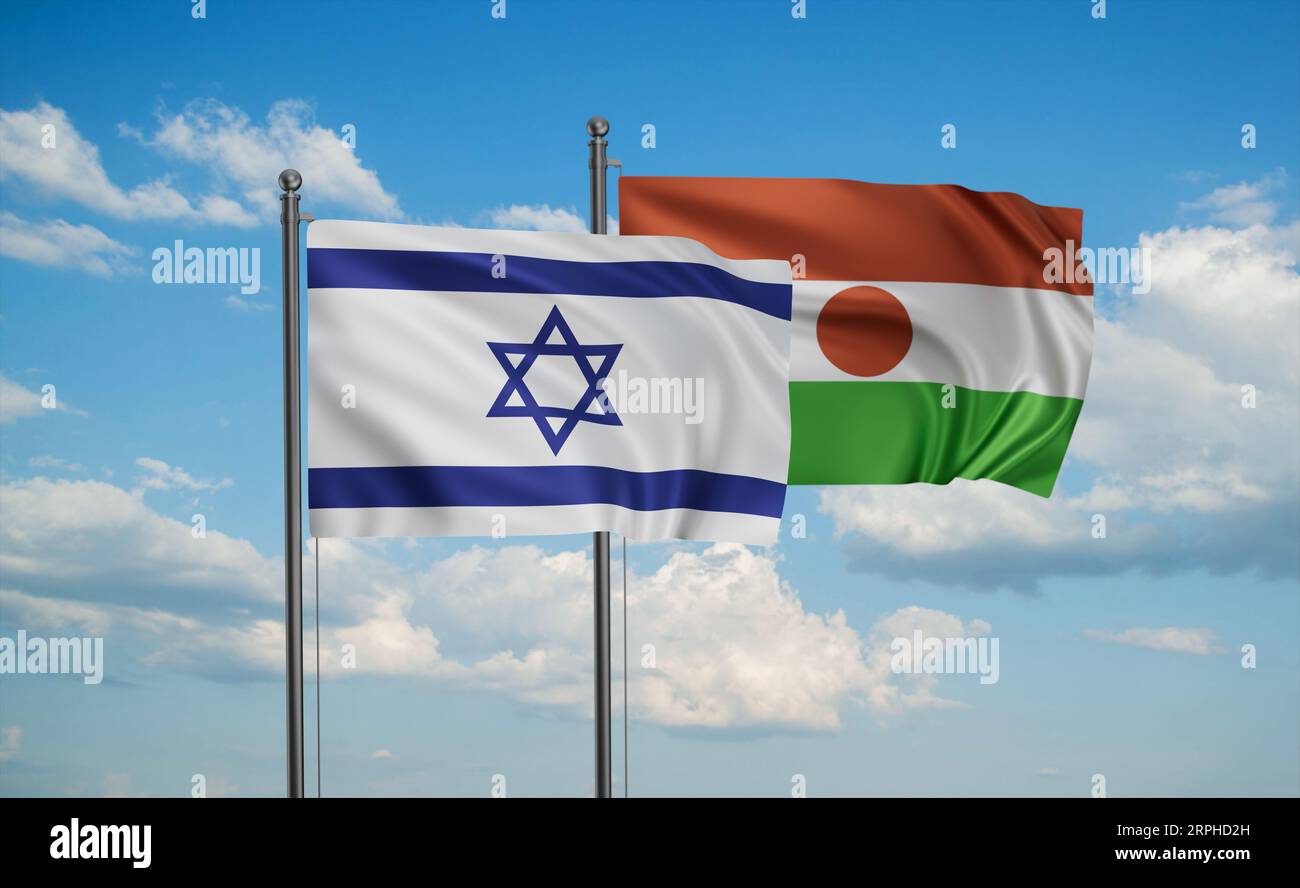 Niger flag and Israel flag waving together on blue sky, two country ...