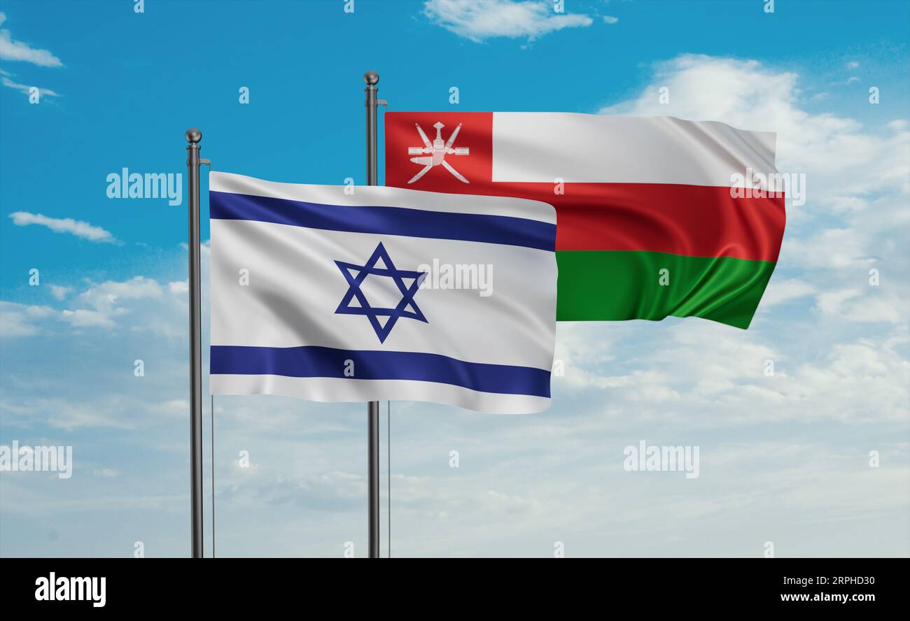 Oman and Israel flag waving together in the wind on blue sky, two ...