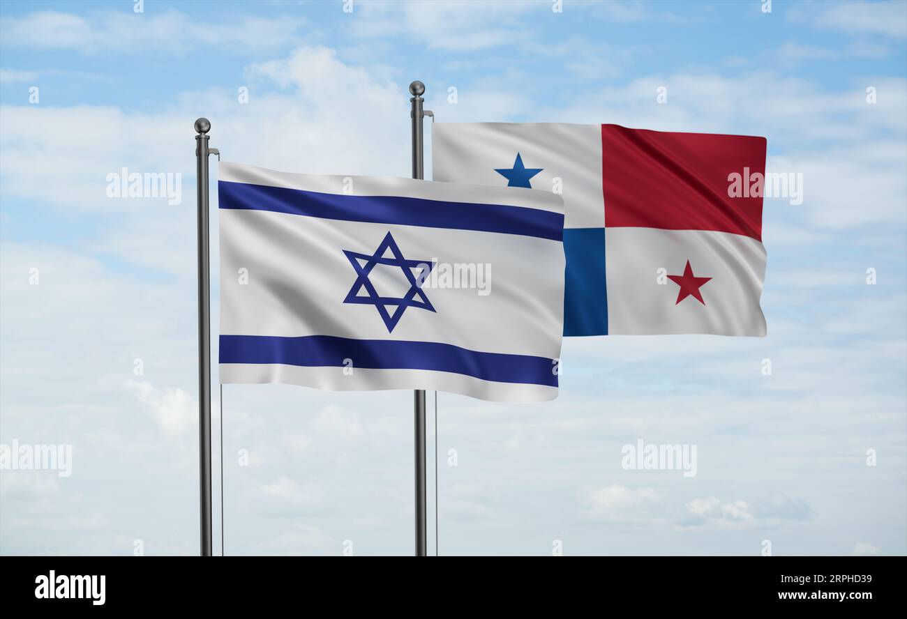 Panama flag and Israel flag waving together on blue sky, two country ...