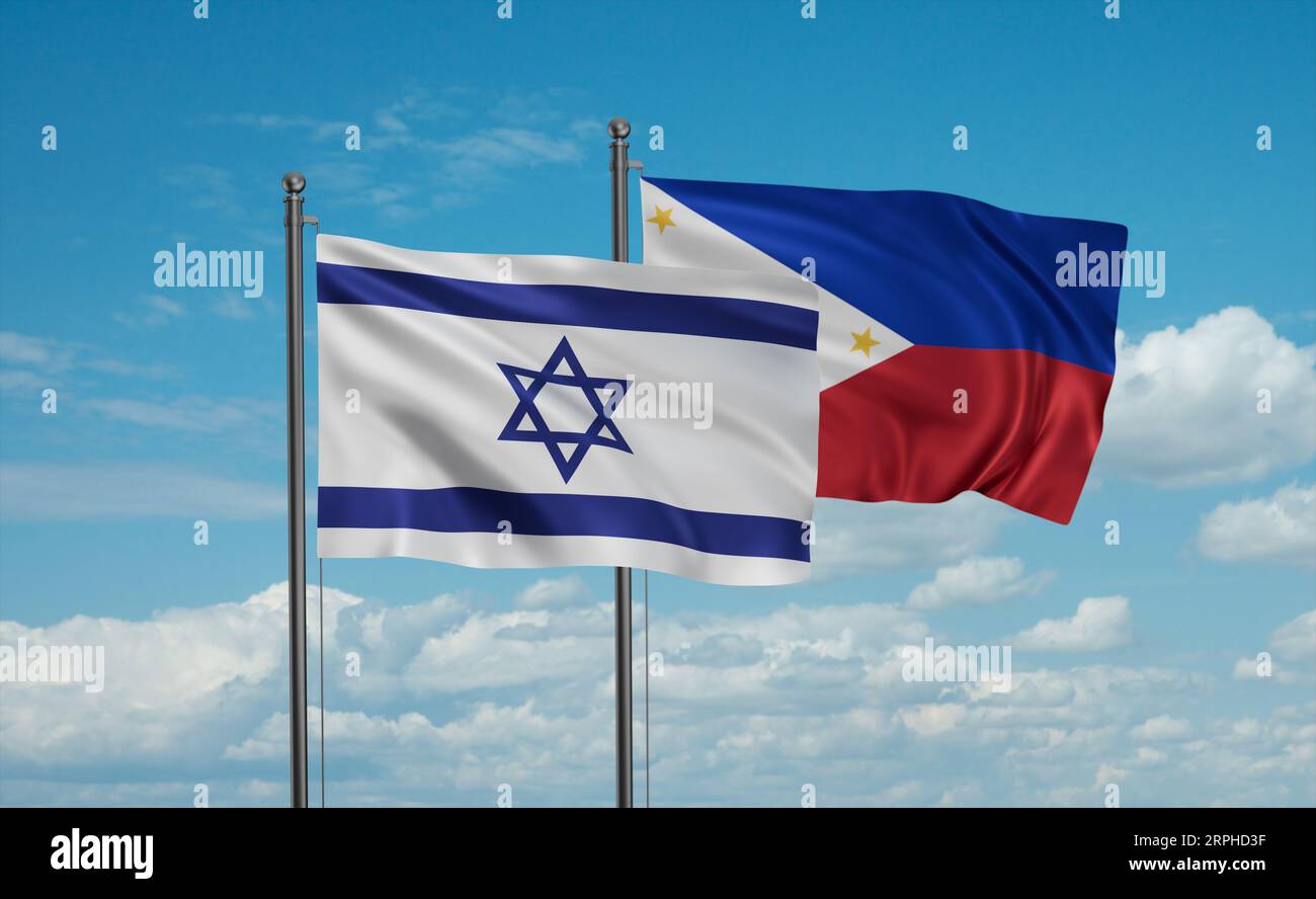 Philippines and Israel flag waving together in the wind on blue sky ...