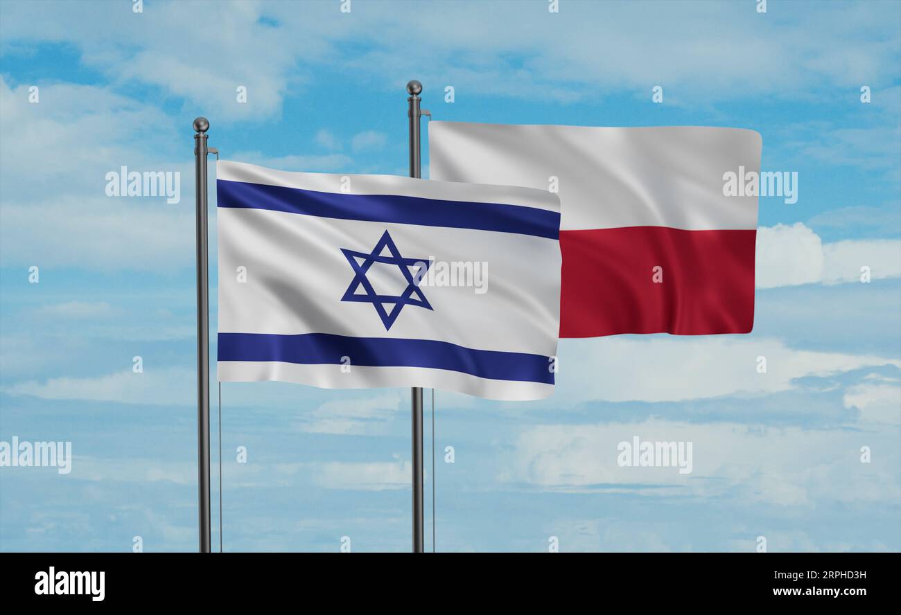 Poland and Israel flag waving together in the wind on blue sky, two ...