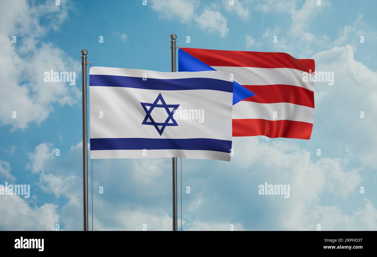 Puerto Rico and Israel flag waving together in the wind on blue sky ...
