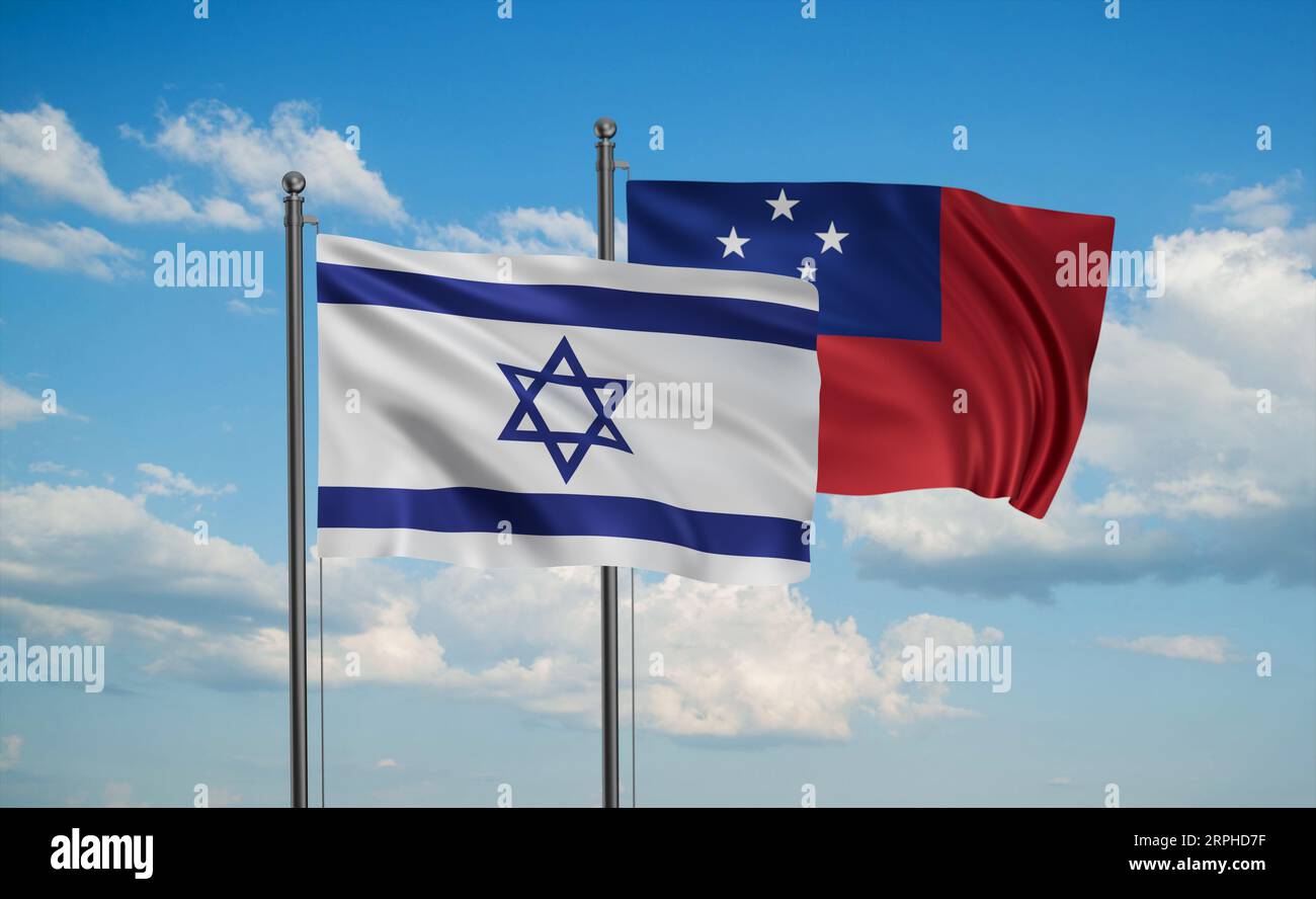 Samoa and Israel flag waving together in the wind on blue sky, two ...