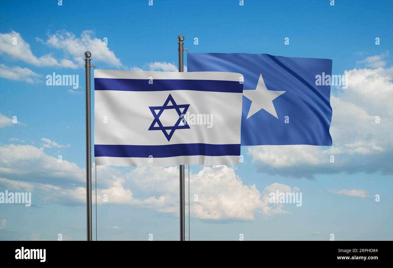 Somalia and Israel flag waving together in the wind on blue sky, two ...