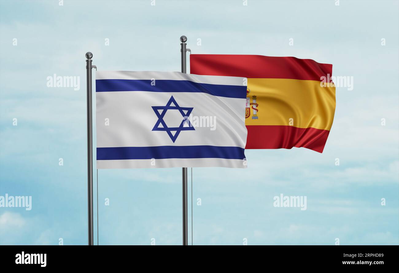 Spain and Israel flag waving together in the wind on blue sky, two ...