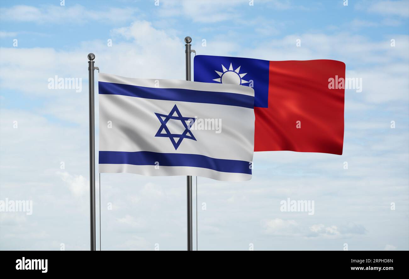 Taiwan and Israel flag waving together in the wind on blue sky, two ...