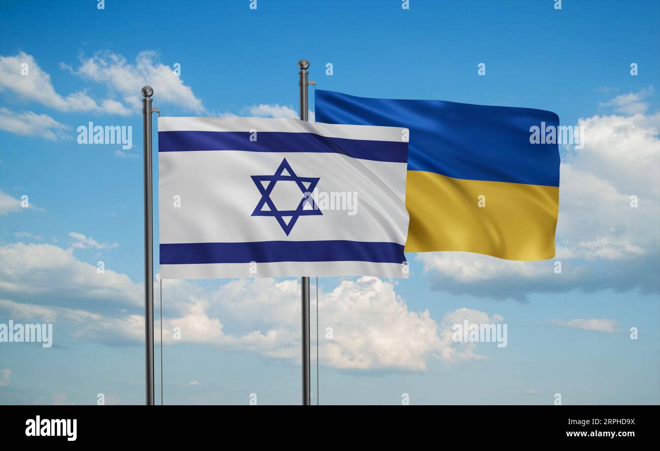 Ukraine and Israel flag waving together in the wind on blue sky, two ...