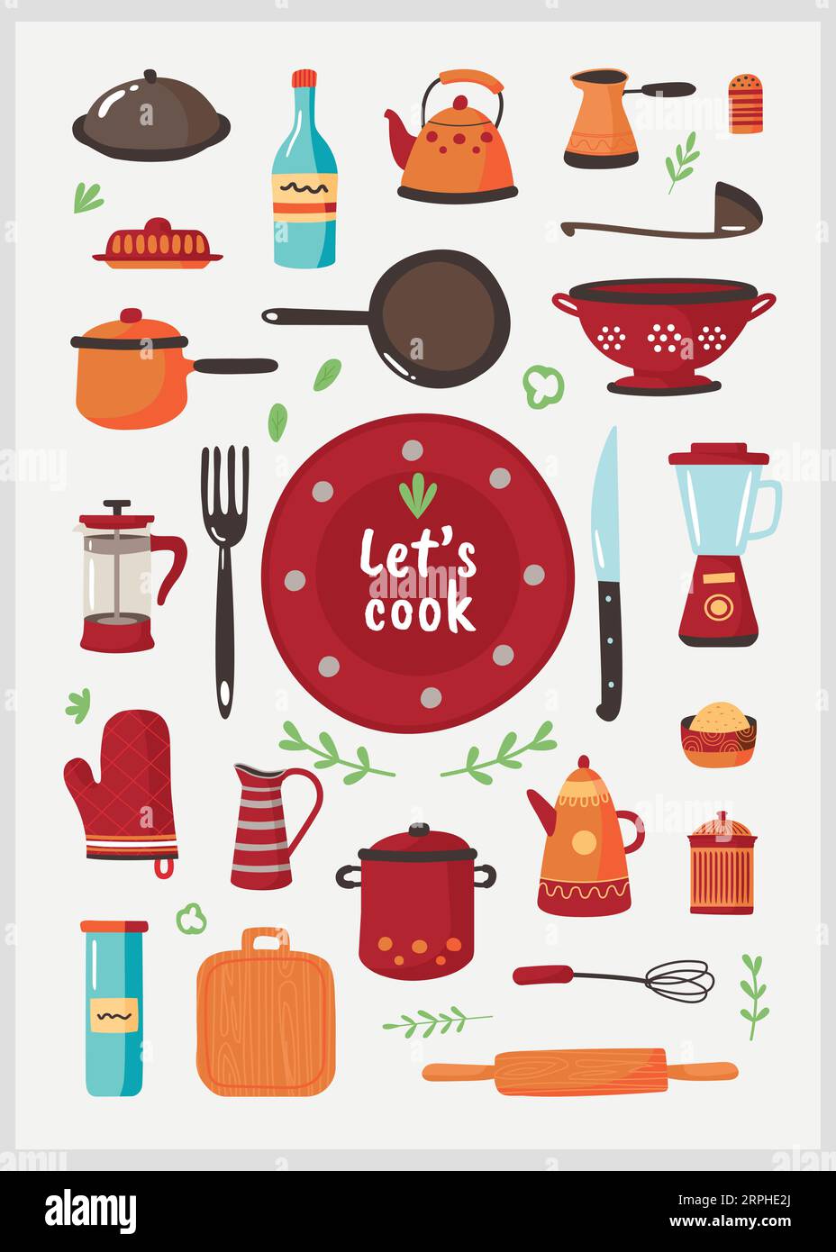 Lets cook poster with kitchen dishware and tools Stock Vector Image ...