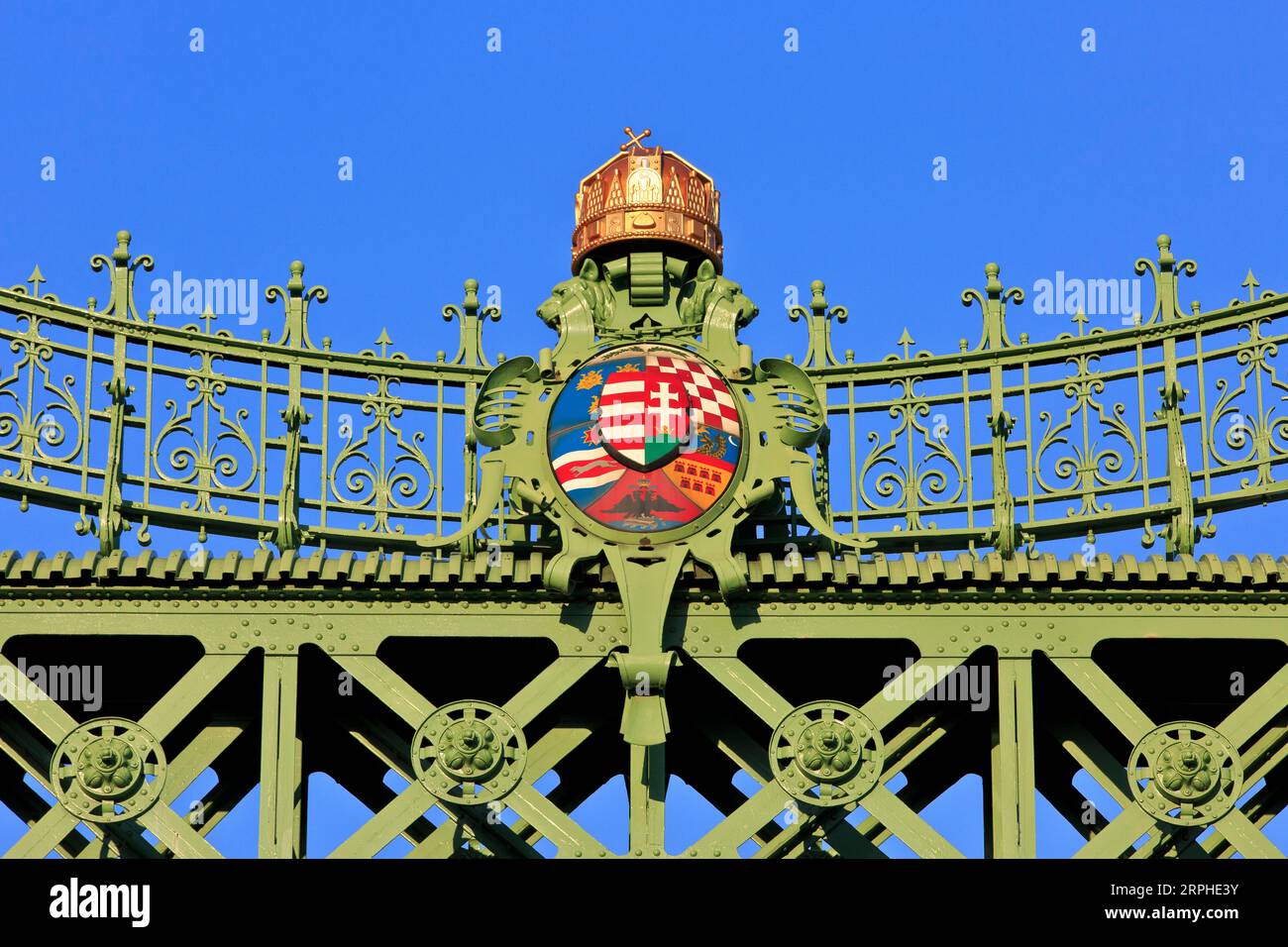 The coat of arms of Hungary on top of the Liberty Bridge (Szabadsag Hid ...