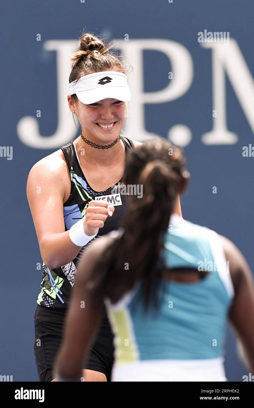 Hao-Ching Chan and Alycia Parks react during a women's doubles match at ...