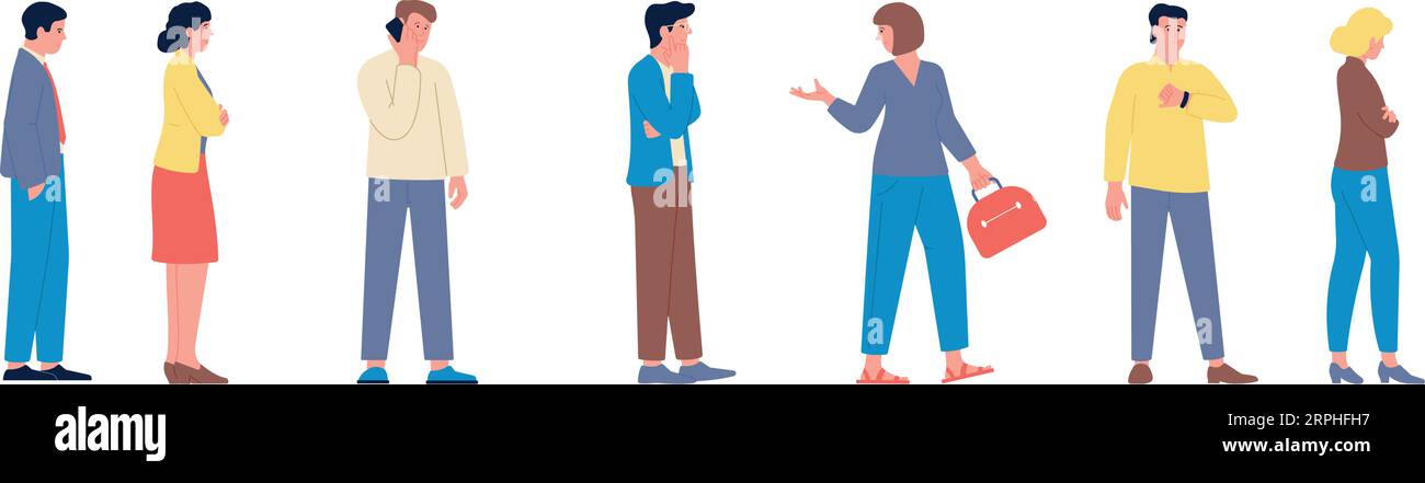 Queue concept. People standing in line. Waiting men and women Stock ...