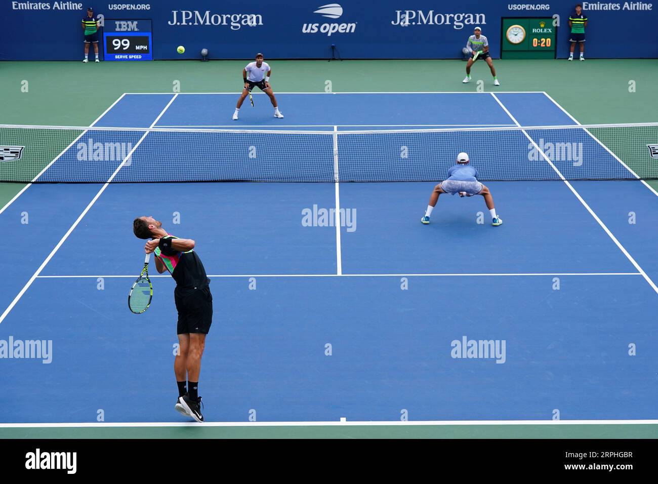 Robert Galloway and Albano Olivetti in action during a men's doubles ...