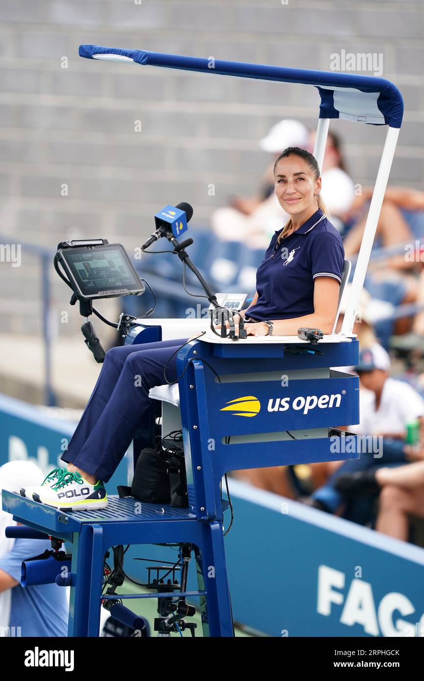 A chair umpire during a men's doubles match at the 2023 US Open, Monday ...