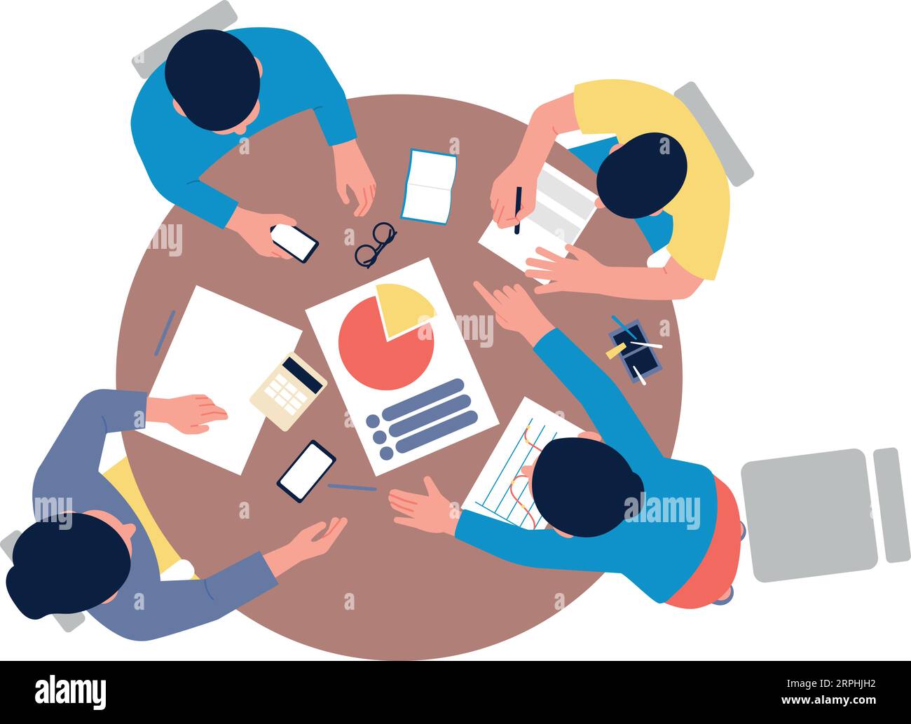 Coleagues discuss statistics report. Meeting table top view Stock ...