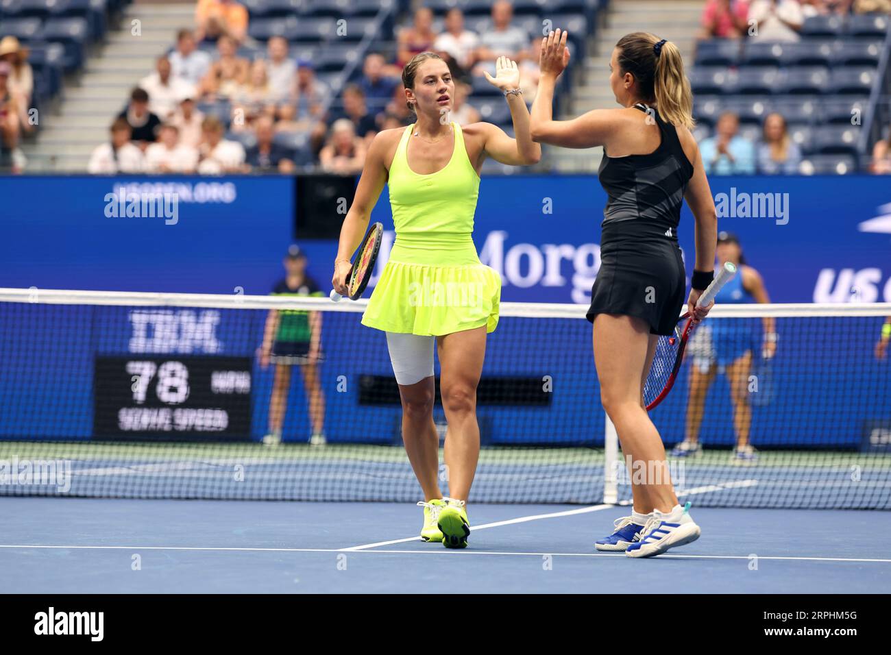 Elena-Gabriela Ruse and Marta Kostyuk during a women's doubles match at ...