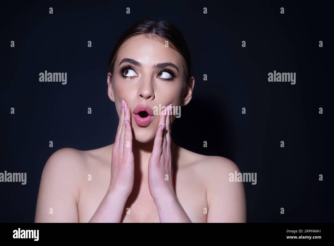 Girl raising eyebrows being surprised and shocked. Astonished reaction ...