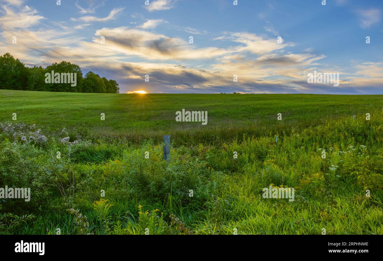 The last rays of sunlight illuminating a hay field in northern ...