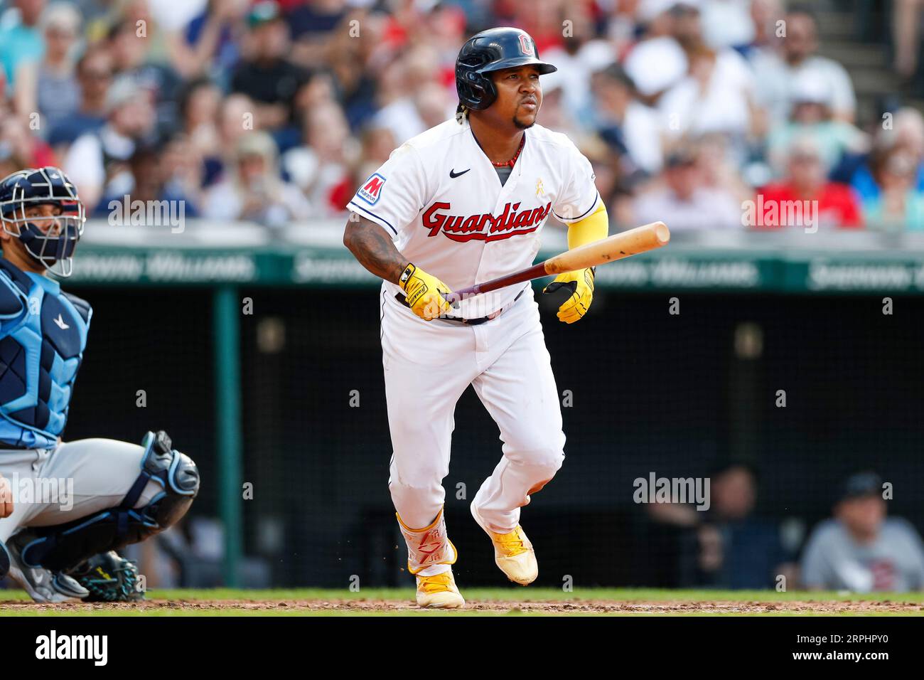 Cleveland Guardians third baseman Jose Ramirez (11) hits a line out in ...