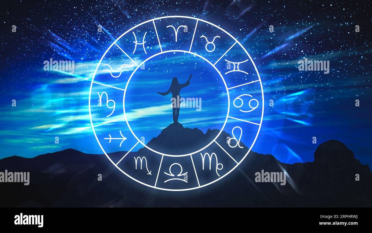 Zodiac wheel and photo of woman in mountains under starry sky at night ...