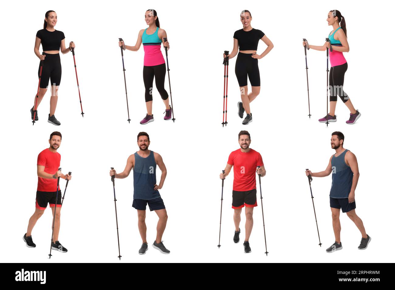 Sporty man and woman with Nordic walking poles on white background ...