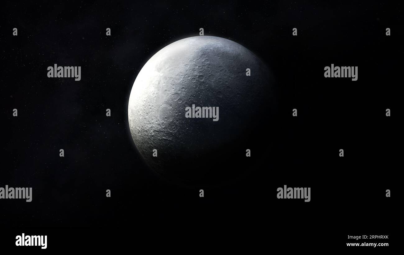 Dark gray image of a half-illuminated moon in space. 3D render Stock ...