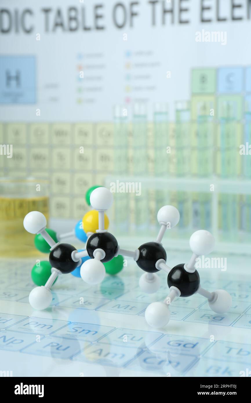 Molecular model on mirror surface against periodic table Stock Photo ...