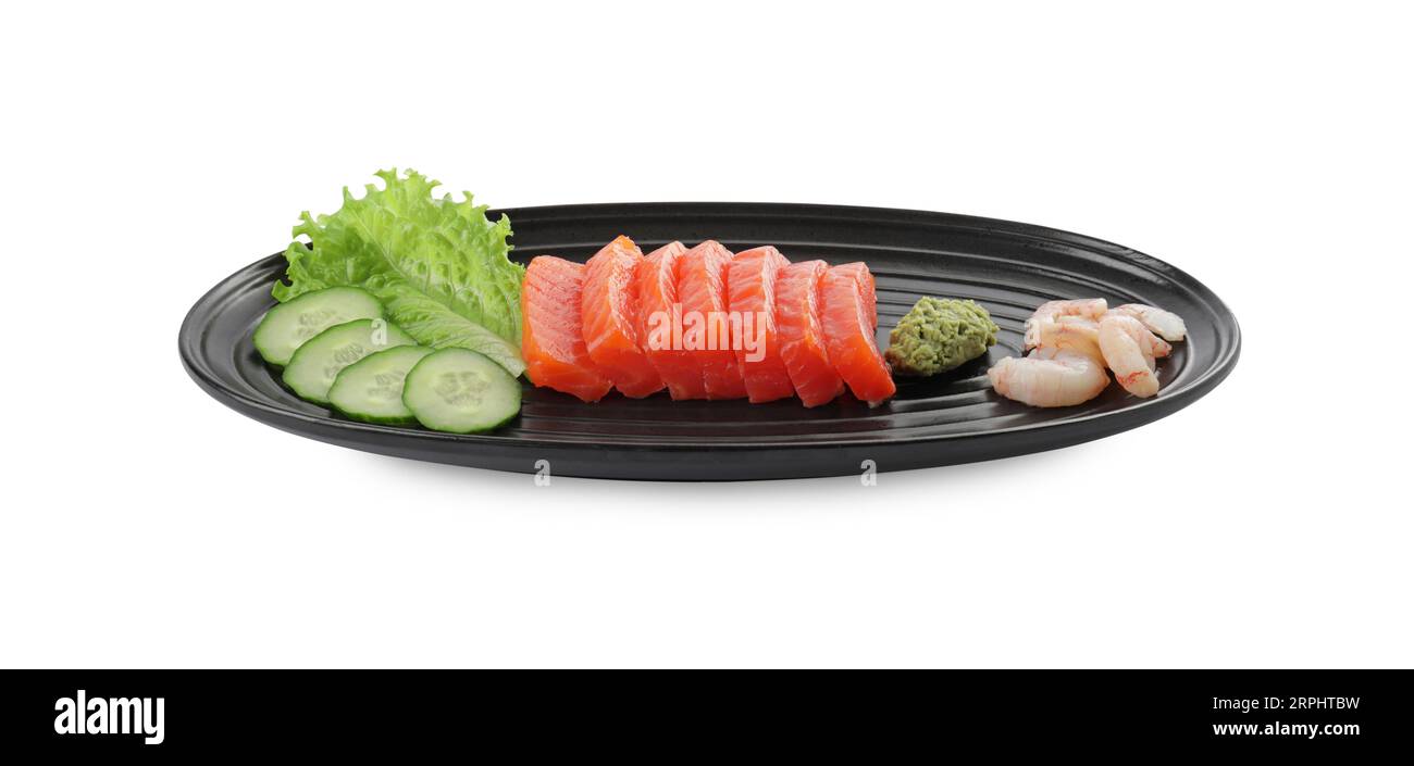 Tasty sashimi set (raw slices of salmon and shrimp) served with ...