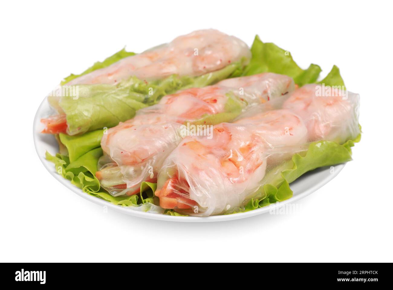 Tasty spring rolls served with lettuce on white background Stock Photo ...