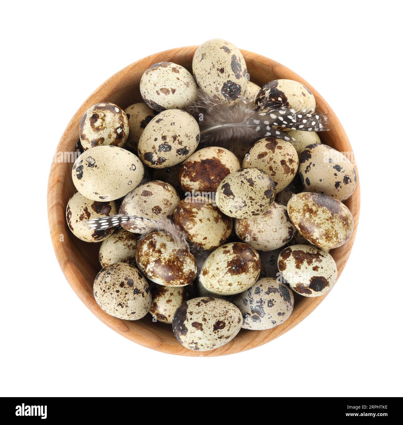 Bowl with speckled quail eggs and feathers isolated on white, top view ...