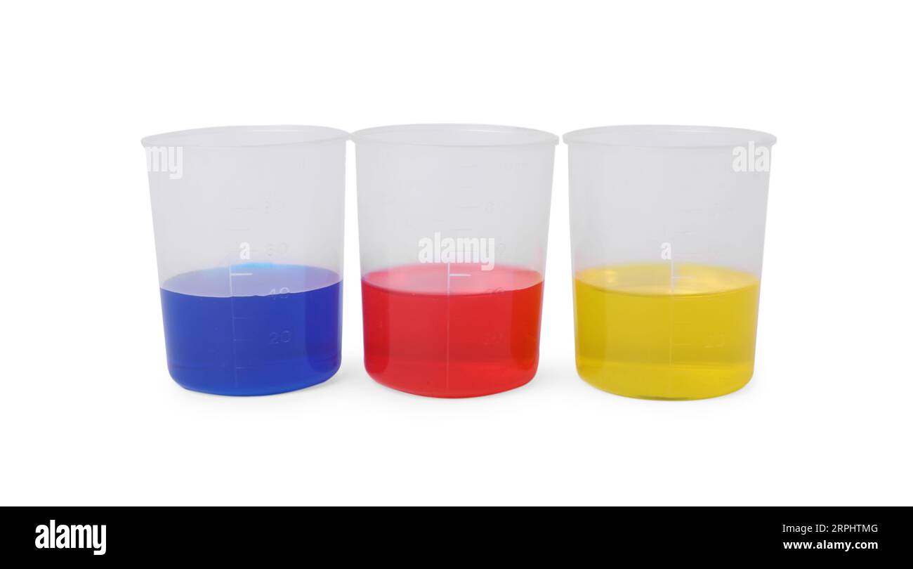Beakers with colorful liquids isolated on white. Kids chemical ...