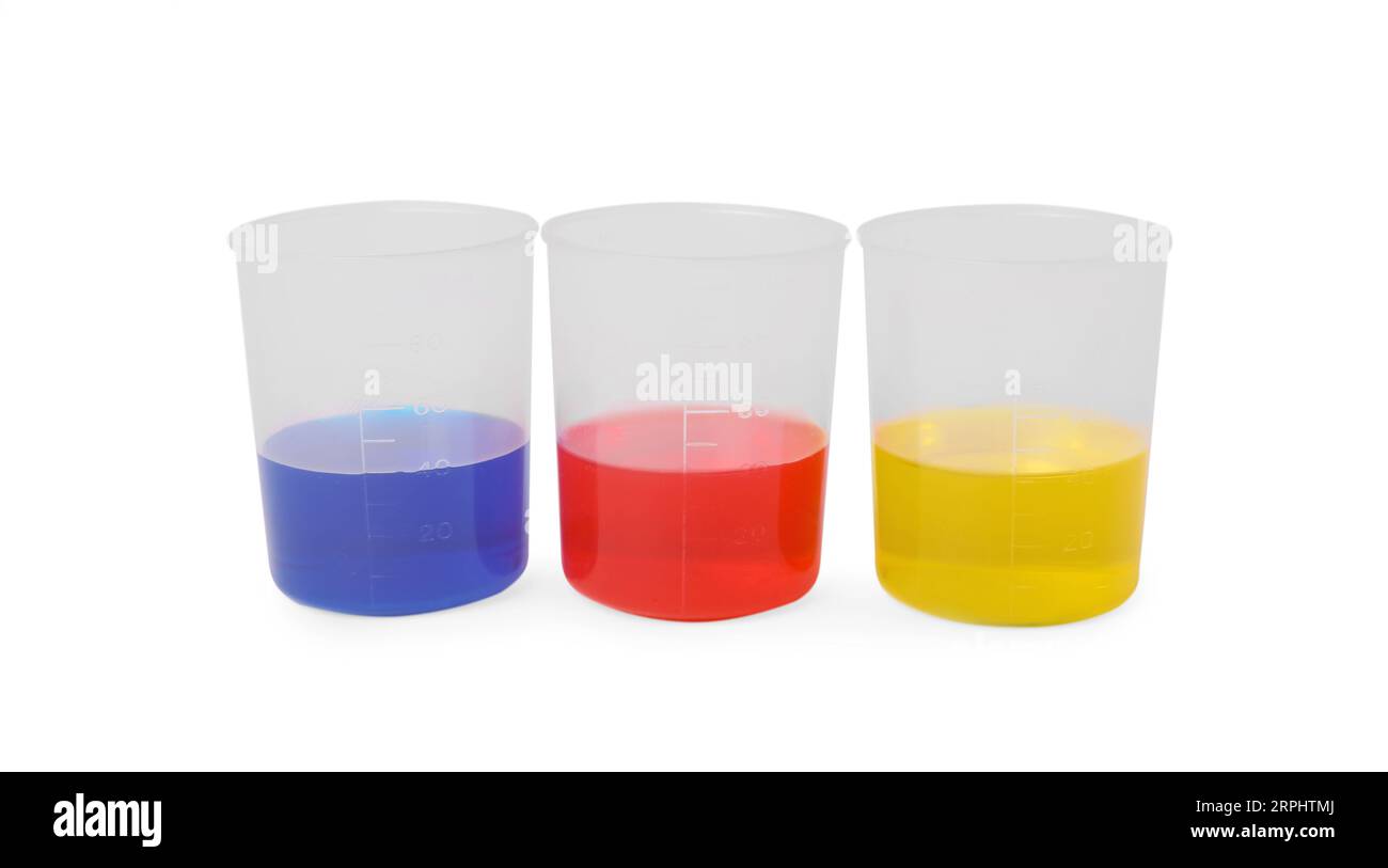 Beakers with colorful liquids isolated on white. Kids chemical ...