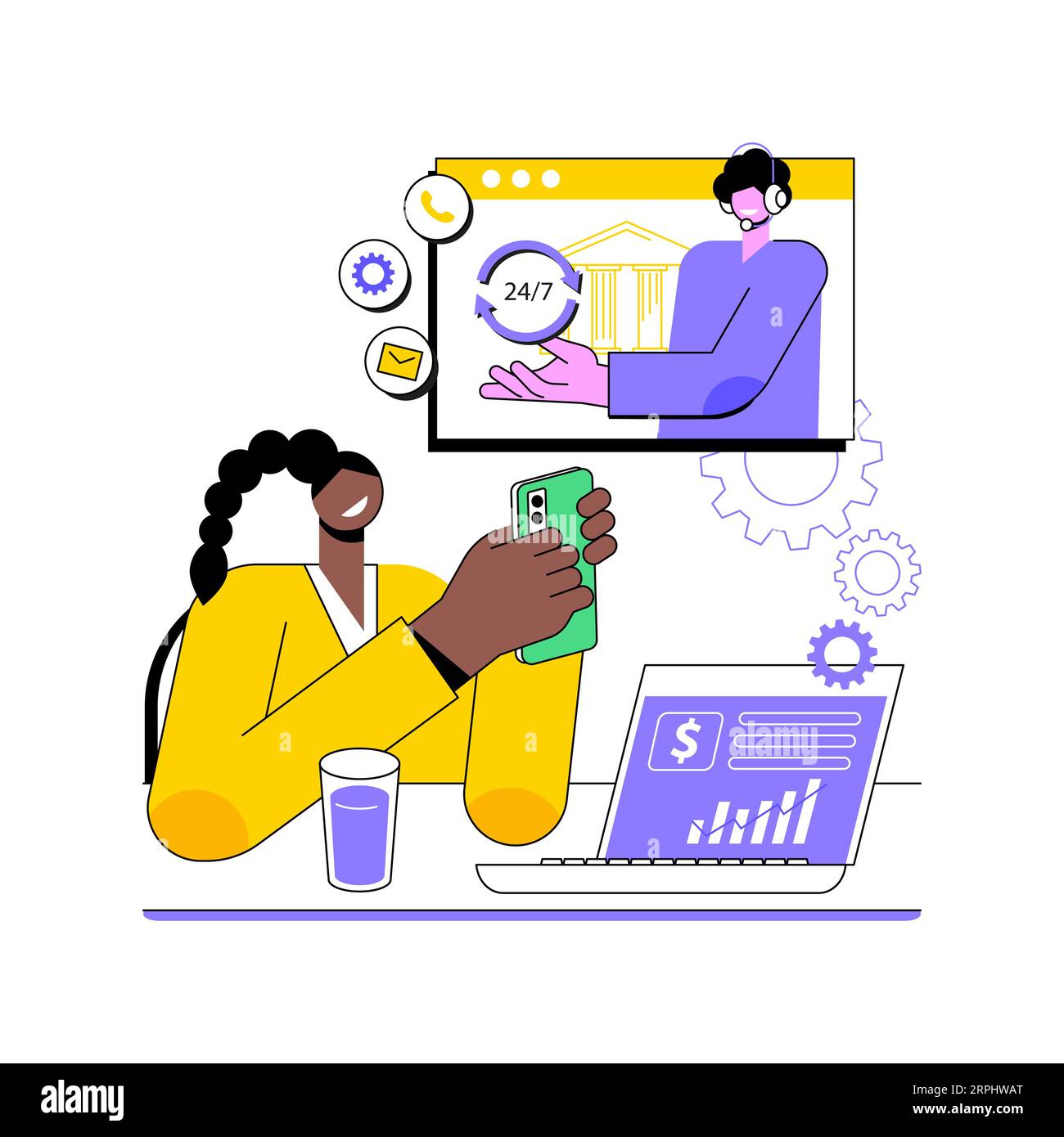 24 for 7 banking support isolated cartoon vector illustrations. Woman ...