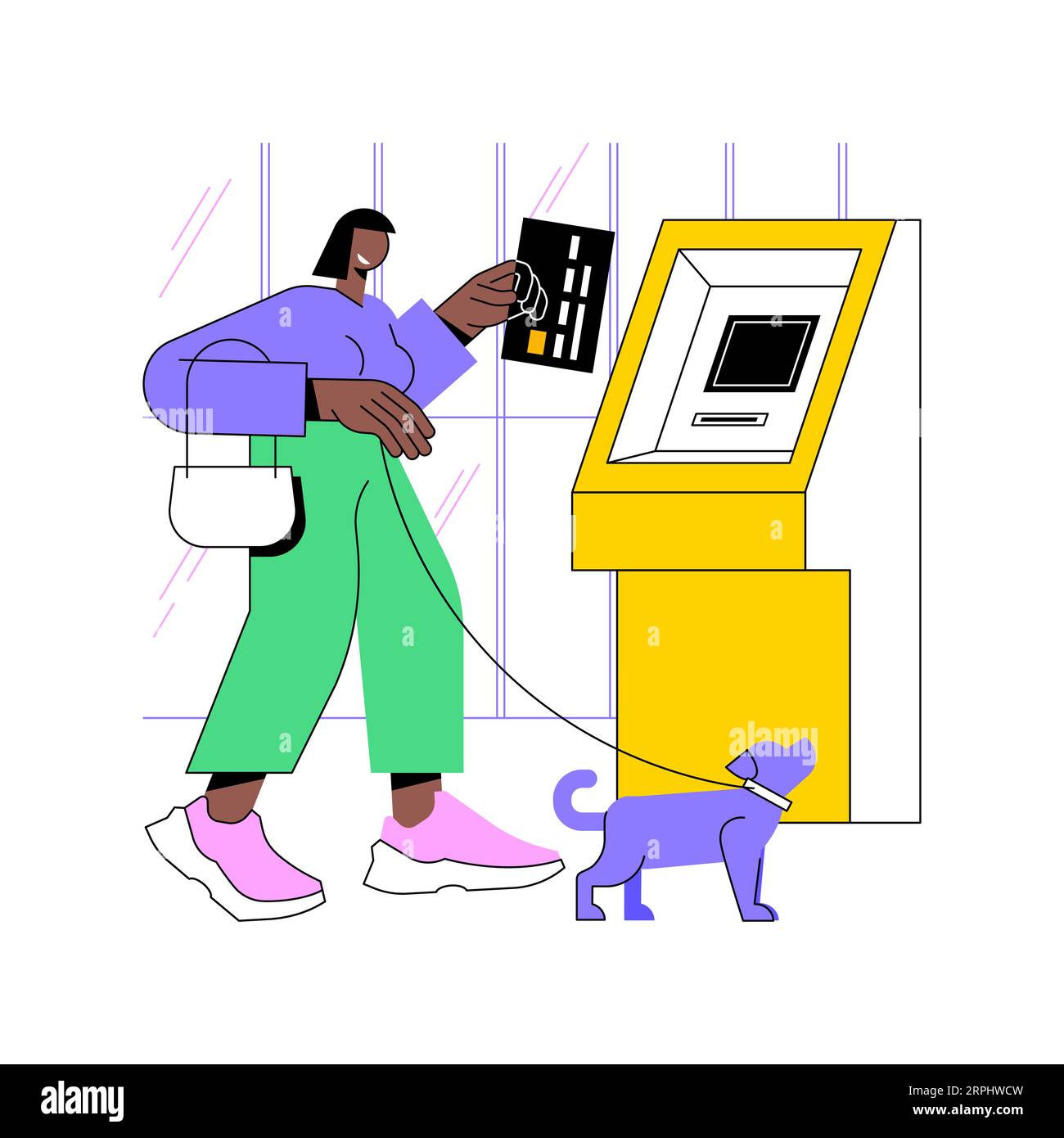 Use ATM isolated cartoon vector illustrations. Smiling girl near automated teller machine ...
