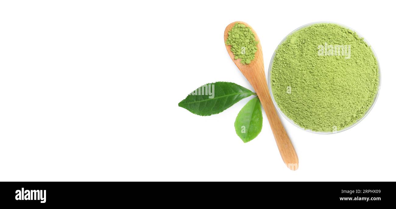 Matcha powder and green leaves isolated on white, top view. Space for ...