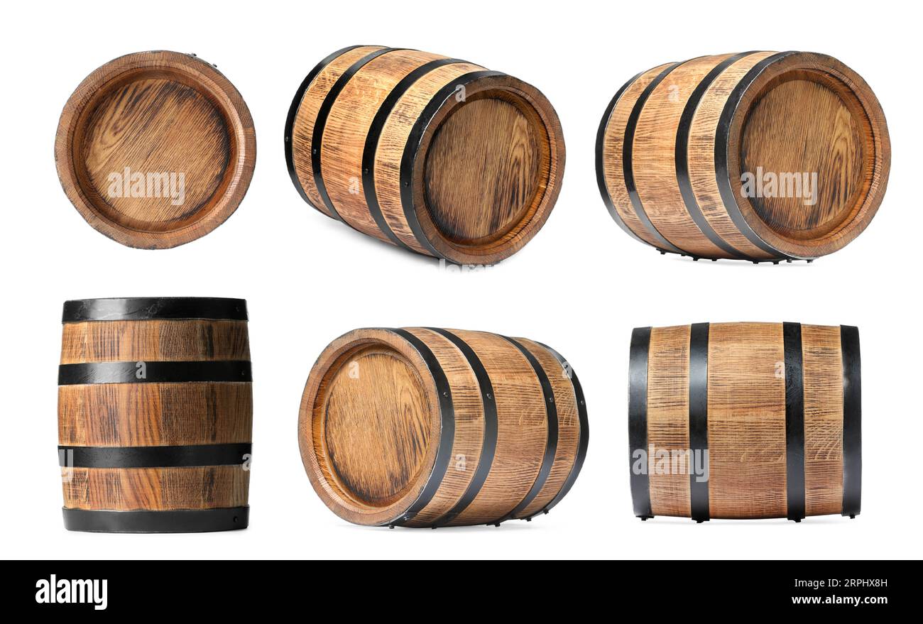 Collage of wooden barrel on white background, different sides Stock ...