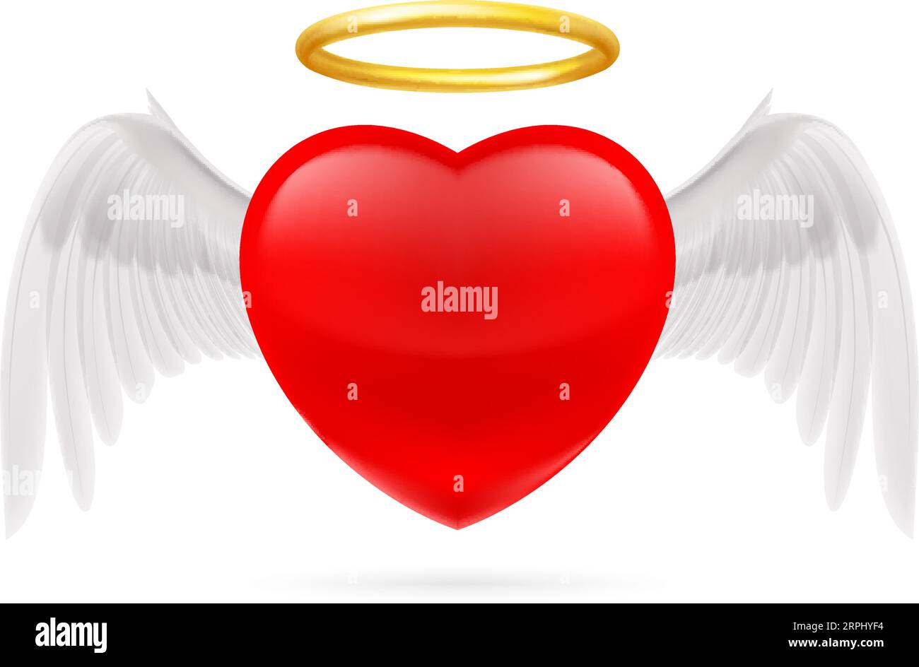 Red Heart with Golden Nimbus and White Angel Wings. Cute Cartoon Style ...