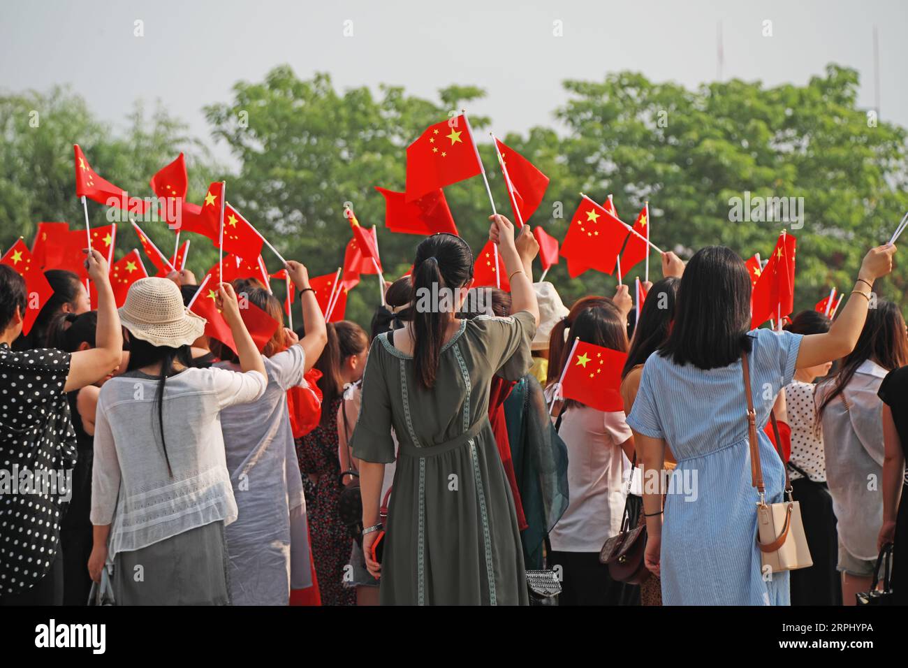 A group of people waving flags, their backs Stock Photo - Alamy