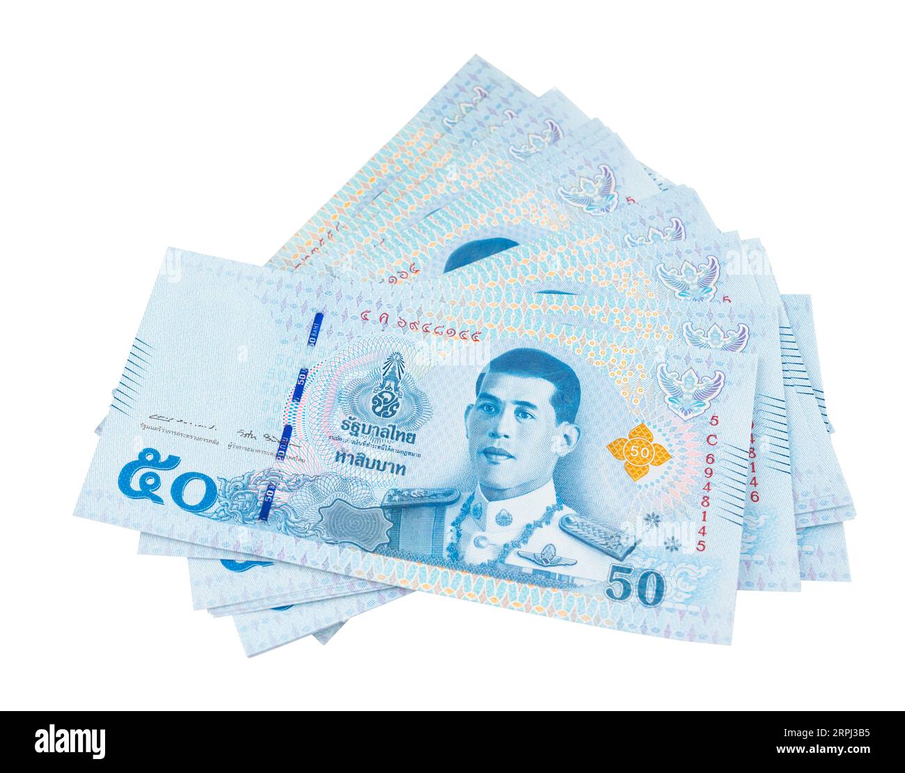 Stack of Thailand 50 baht banknotes latest design during the reign of ...