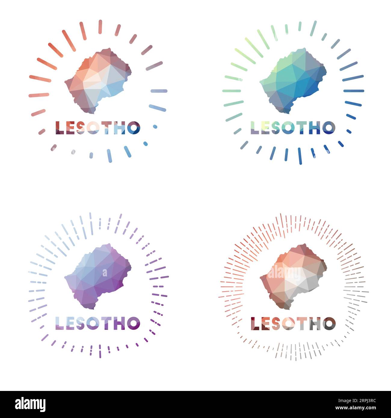 Lesotho Low Poly Sunburst Set Logo Of Country In Geometric Polygonal
