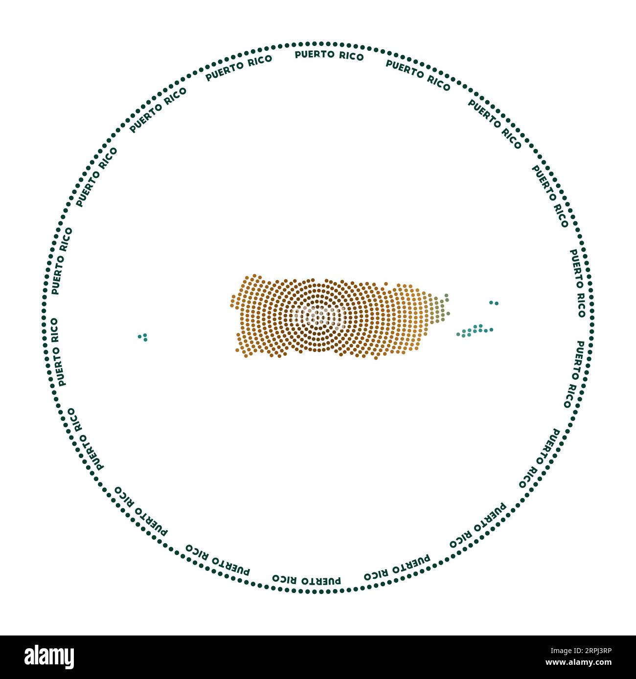 Puerto Rico round logo. Digital style shape of Puerto Rico in dotted circle with country name ...