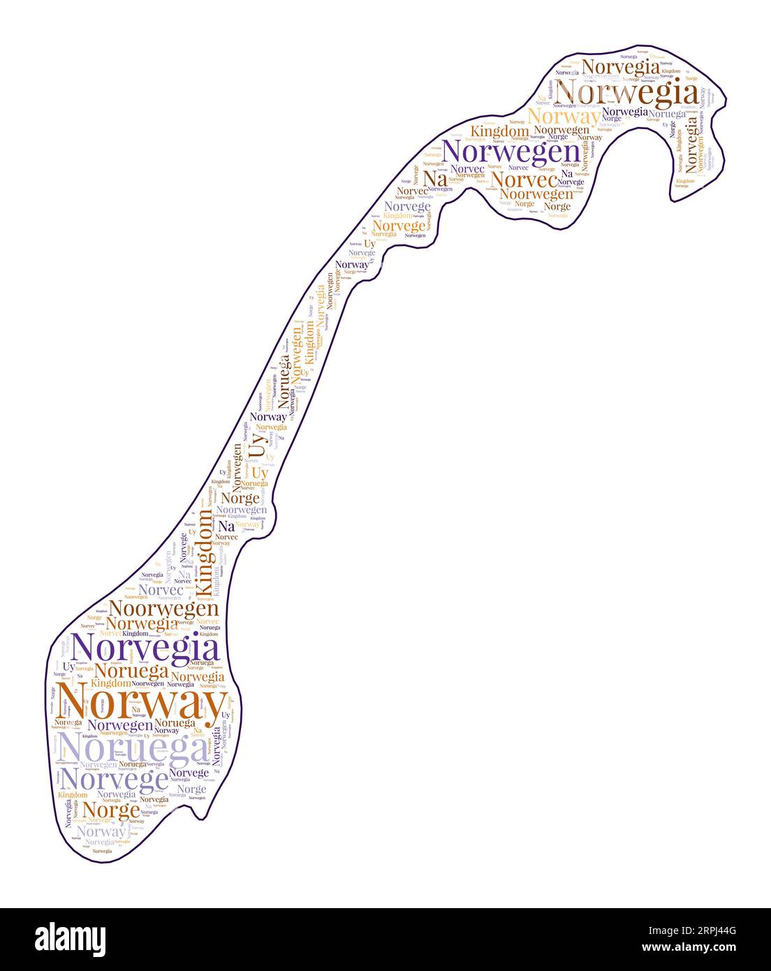 Norway shape filled with country name in many languages. Norway map in ...