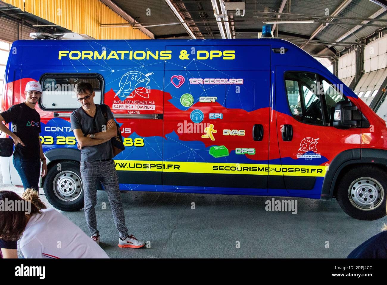 Reims, France - September 02, 2023 Simulation of medic firefighter ...
