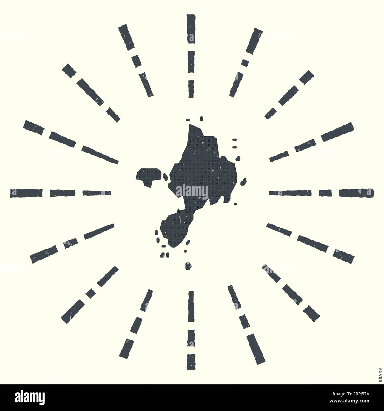 Sark Logo. Grunge sunburst poster with map of the island. Shape of Sark ...